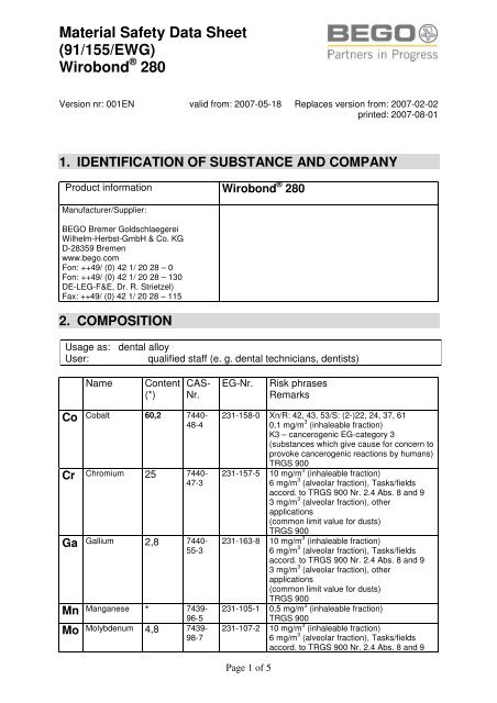 Material Safety Data Sheet (91/155/EWG) Wirobond 280 - Bego USA