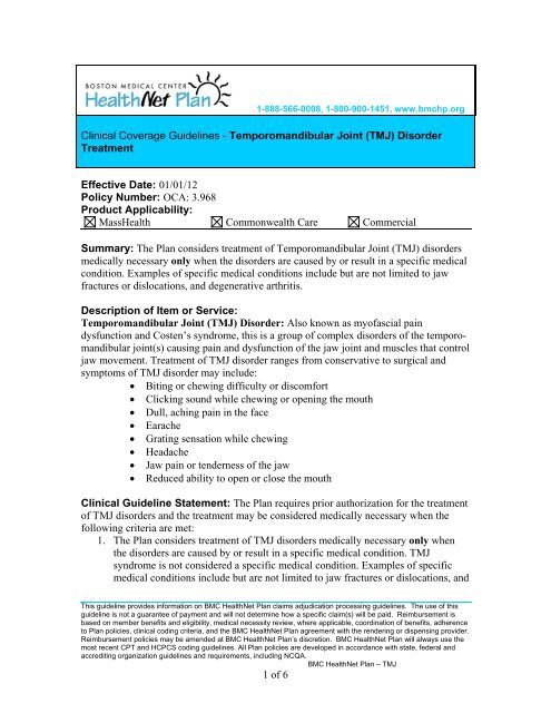 Temporomandibular Joint Disorders - BMC HealthNet Plan
