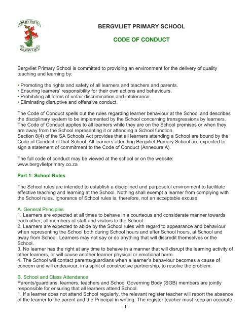 BERGVLIET PRIMARY SCHOOL CODE OF CONDUCT