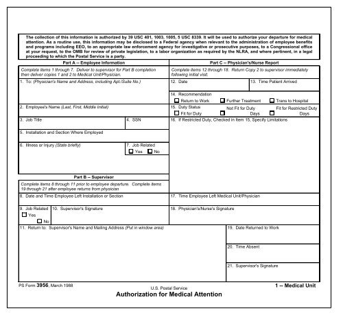 PS Form 3956, Authorization for Medical Attention - NALC Branch 78
