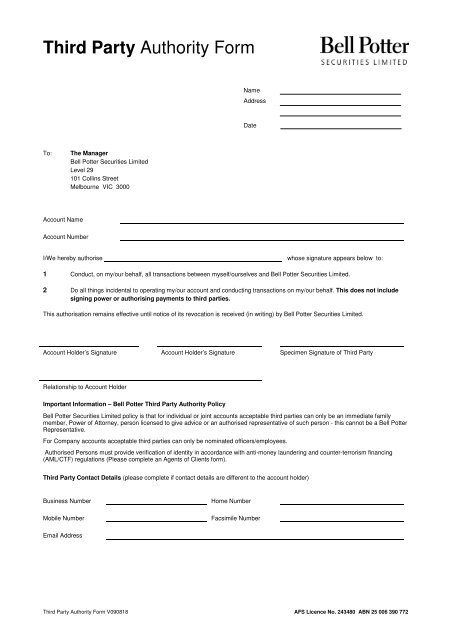 Third Party Authority Form - Bell Potter Securities