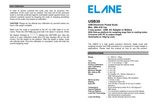 Manual Elane USB Parcel Scale 30lb - Elane.net Home