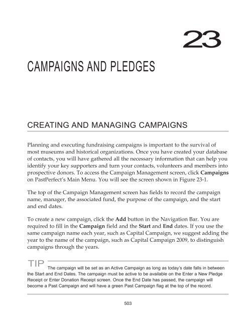 CAMPAIGNS AND PLEDGES - PastPerfect Museum Software