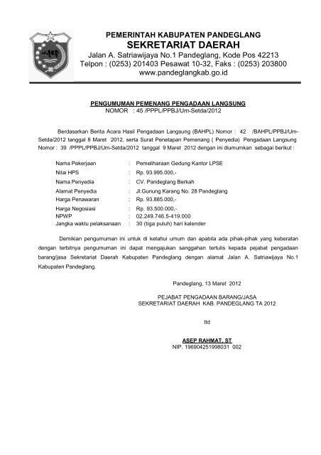 SEKRETARIAT DAERAH - Pemerintah Kabupaten Pandeglang