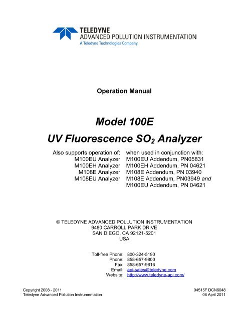 Teledyne API M100E Analyzer Operation Manual