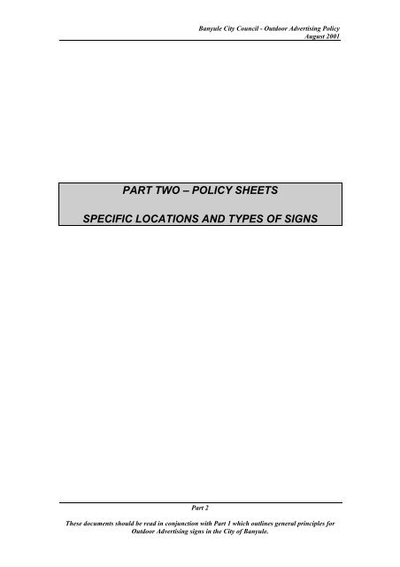 part two â policy sheets specific locations and types of signs