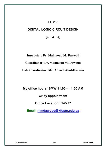 EE 200 DIGITAL LOGIC CIRCUIT DESIGN - KFUPM Open ...
