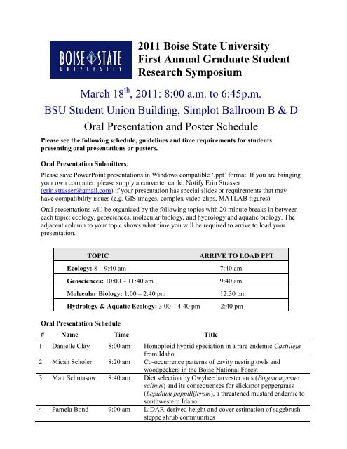 Schedule of Presentations - Boise State University