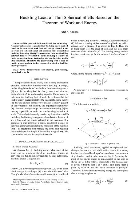 Buckling Load of Thin Spherical Shells Based on the Theorem ... - IJET