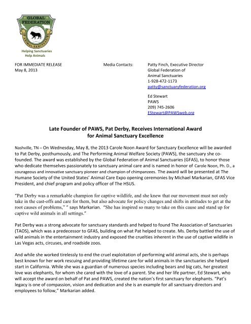 Late Founder of PAWS, Pat Derby, Receives International Award for ...