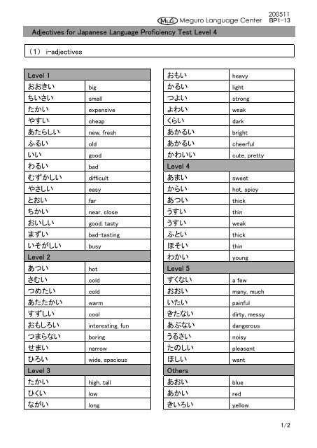 Adjectives for Japanese Language Proficiency Test Level 4 ï¼ ï¼ ... - lib
