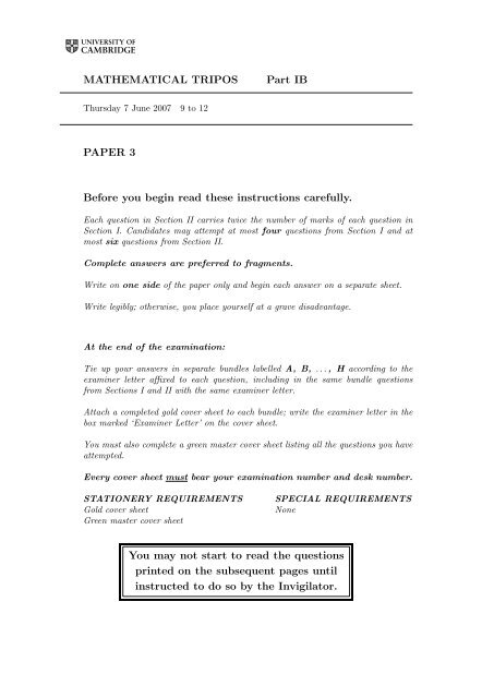 MATHEMATICAL TRIPOS Part IB PAPER 3 Before you begin read ...