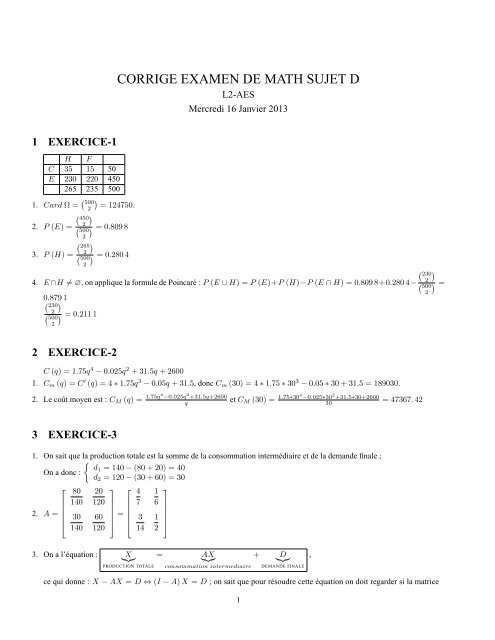 CORRIGE EXAMEN DE MATH SUJET D - Université Paris 8