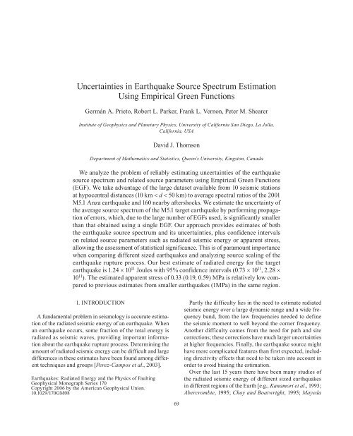 Uncertainties in Earthquake Source Spectrum Estimation Using ...