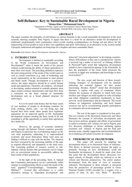 Self-Reliance: Key to Sustainable Rural Development in Nigeria