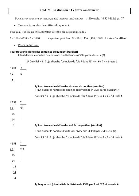 CAL 9 : La division : 1 chiffre au diviseur - Pass Education CAL 9 : La division : 1 chiffre au diviseur - Pass Education