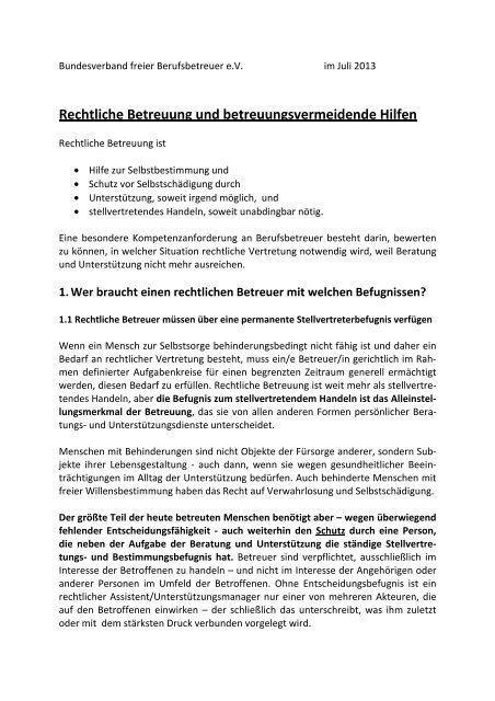 Rechtliche Betreuung und betreuungsvermeidende Hilfen