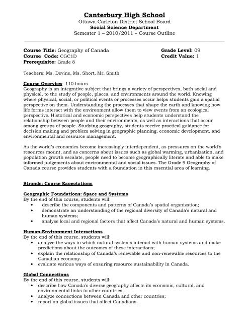 Grade 9 Geography of Canada, CGC1D - Canterbury High School