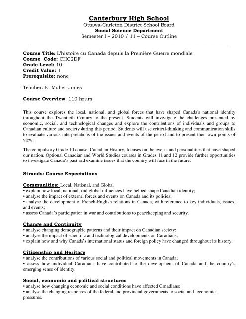 Grade 10 L'histoire du Canada, CHC2DF - Canterbury High School