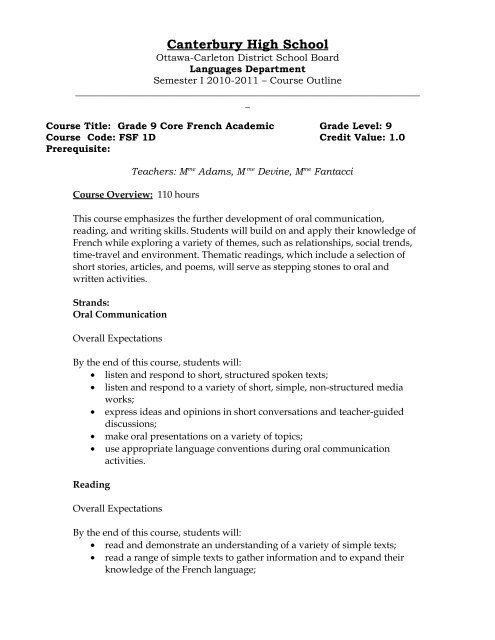 Grade 9 Core French Academic, FSF1D - Canterbury High School