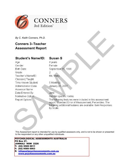 Conners 3–Teacher Assessment Report - Psychological ...