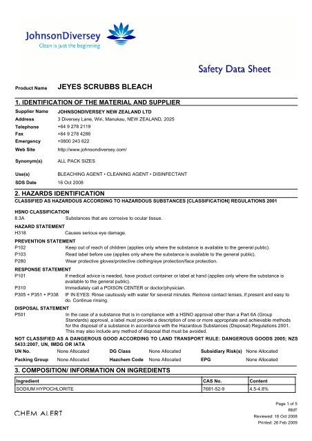 JEYES SCRUBBS BLEACH - Waiwhetu Distributors Ltd