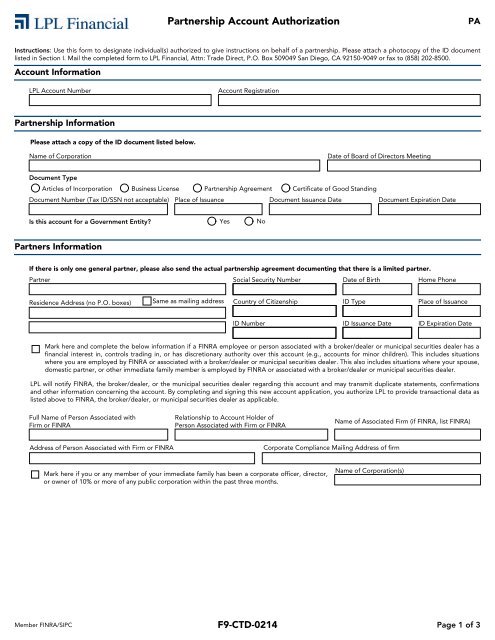 Partnership Account Authorization Form - LPL Financial