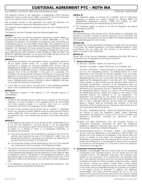 Custodial Agreement PTC - Roth IRA - LPL Financial
