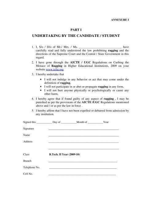 UNDERTAKING BY THE CANDIDATE / STUDENT