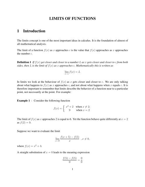 Limits Of Functions 1 Introduction