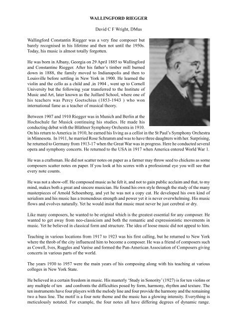Wallingford Riegger - Dr David Wright