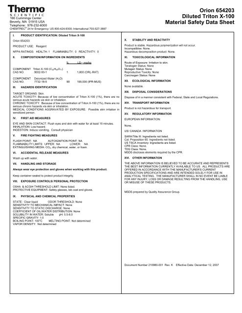 Orion 654203 Diluted Triton X-100 Material Safety Data Sheet