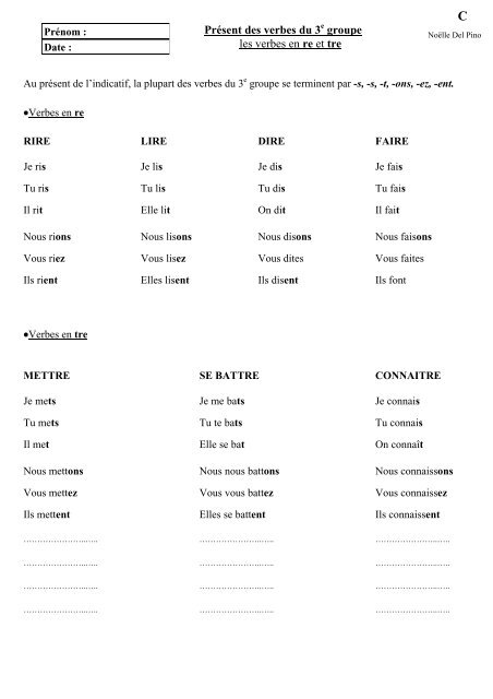 Le prÃ©sent des verbes du 3e groupe en re et tre (leÃ§on ... - Nono l ...