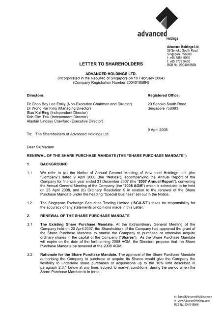 LETTER TO SHAREHOLDERS - Advanced Holdings