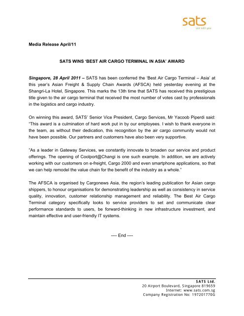 BEST AIR CARGO TERMINAL IN ASIA - SATS