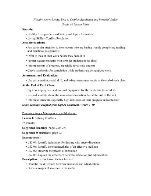 Conflict Resolution and Personal Safety Grade 10 Lesson Plans ...