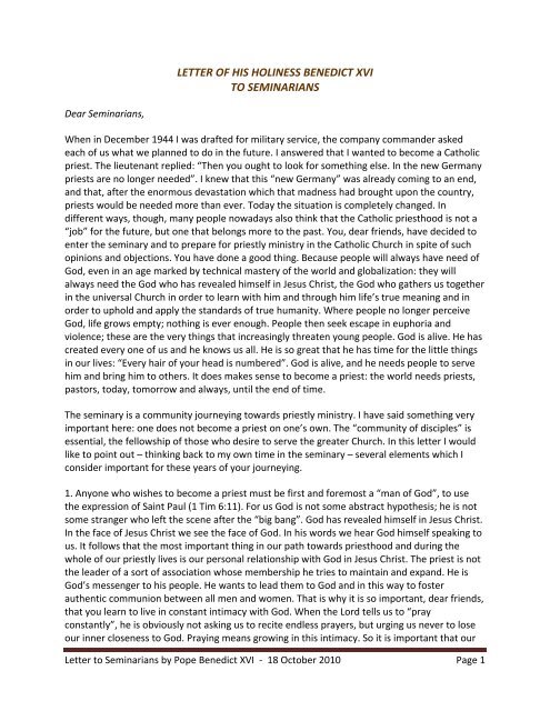 LETTER OF HIS HOLINESS BENEDICT XVI TO SEMINARIANS