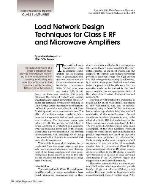 Load Network Design Techniques for Class E RF and Microwave ...