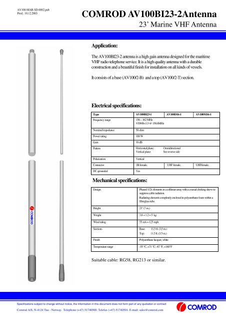 COMROD AV100BI23-2 23' VHF ANTENNA .pdf - Yachtronics