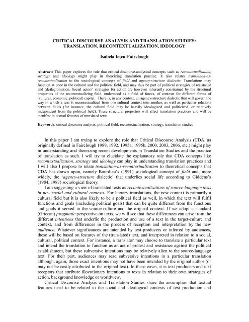 CRITICAL DISCOURSE ANALYSIS AND TRANSLATION STUDIES ...