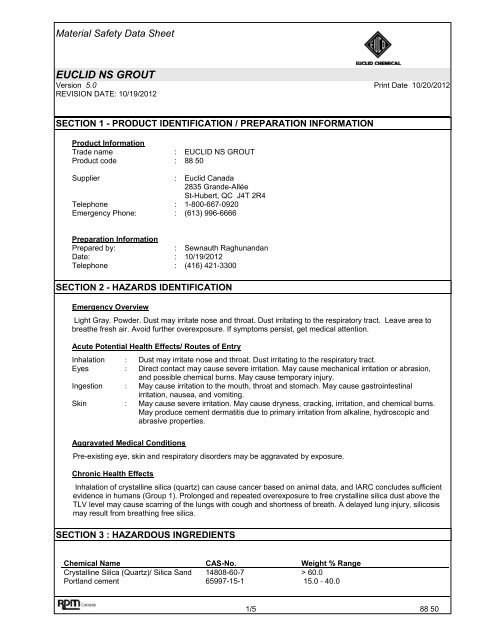 NS Grout MSDS-Canada - Euclid Chemical Co