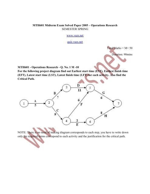 MTH601 Midterm Exam Solved Paper 2005 â Operations ... - vuZs MTH601 Midterm Exam Solved Paper 2005 â Operations ... - vuZs