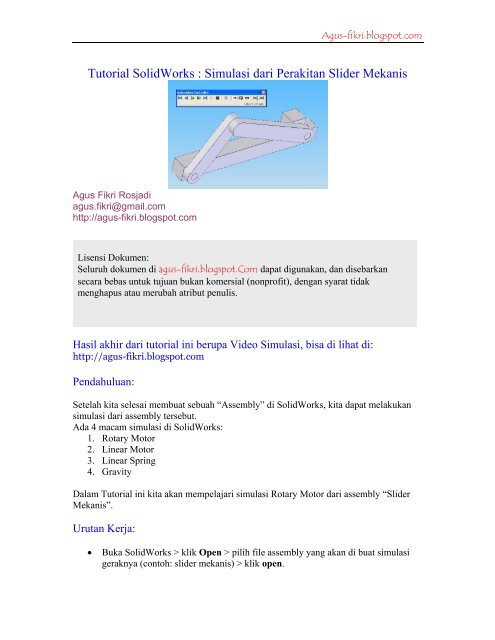 Tutorial SolidWorks : Simulasi dari Perakitan Slider Mekanis