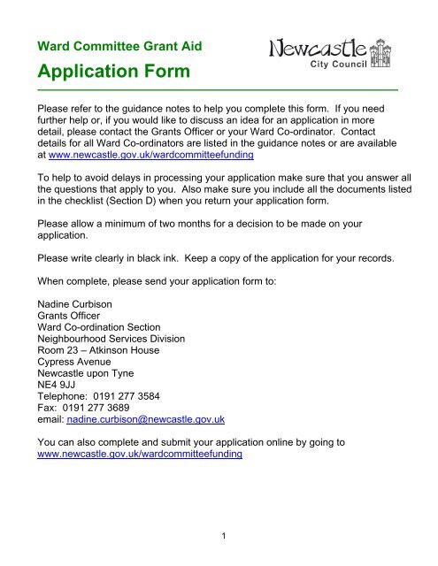 Ward Committee Grant Aid Application Form - Newcastle City Council