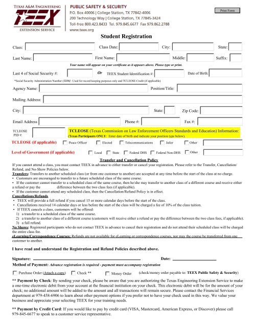 registration form - Texas Engineering Extension Service
