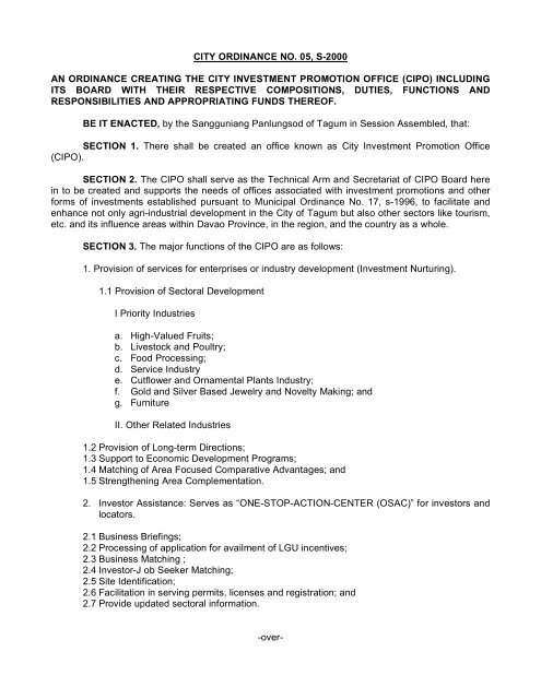 CITY ORDINANCE NO. 05, S-2000 AN ORDINANCE ... - Tagum City