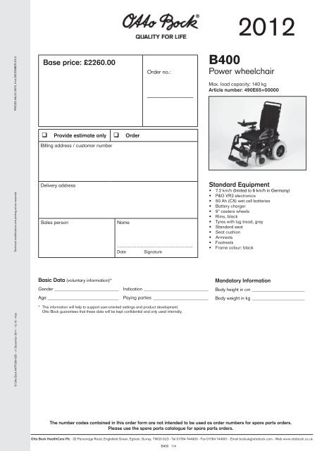Otto Bock B400 Order Form - The Mobility Aids Centre