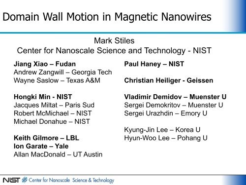 Domain Wall Motion in Magnetic Nanowires - PiTP