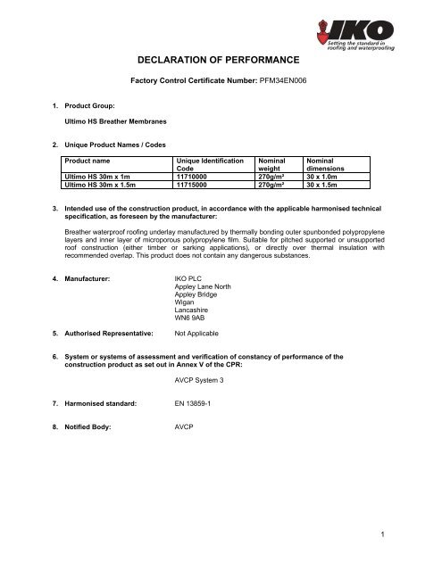 CE Declaration of Performance Ultimo HS - IKO