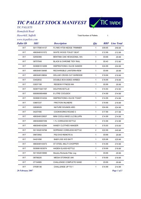 TIC PALLET STOCK MANIFEST